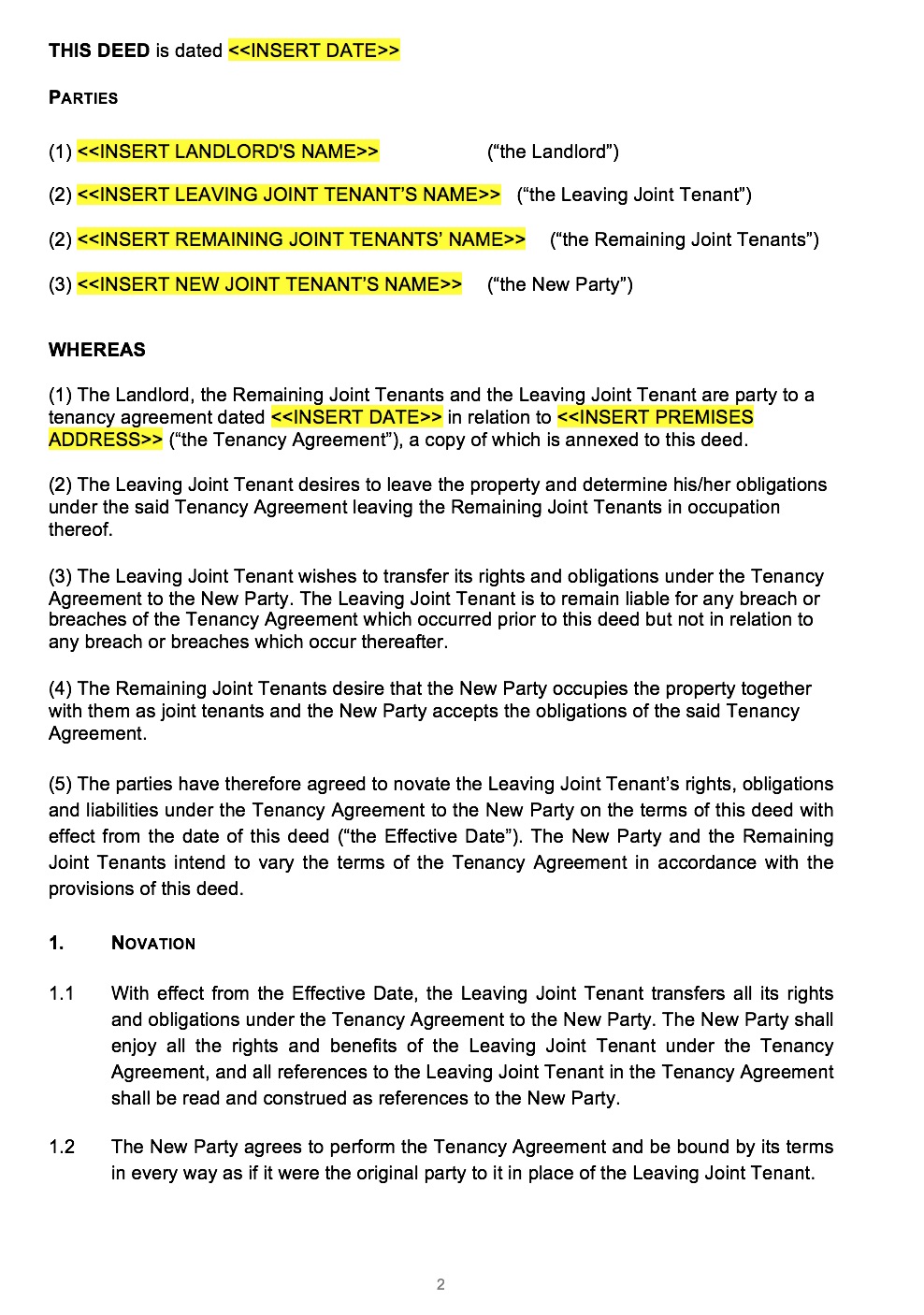 Deed of Novation & Variation of Tenancy