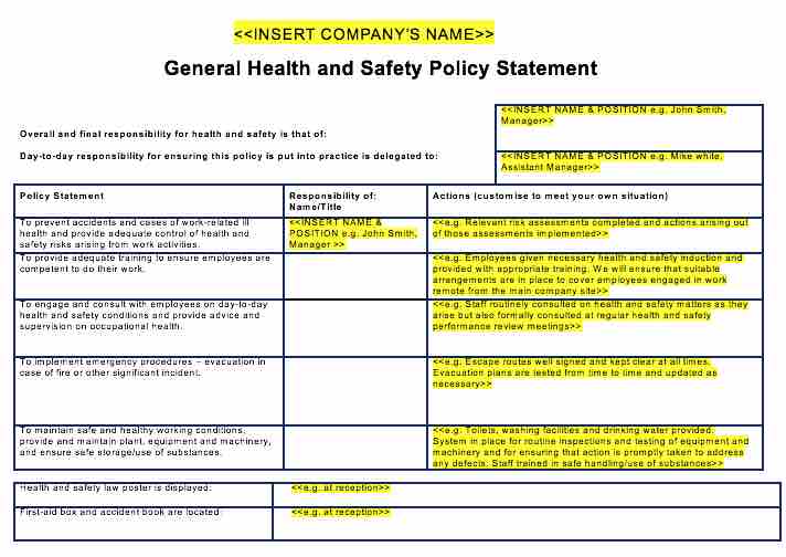 Health and Safety Statement - Basic